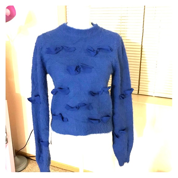 Sweaters | Cobalt Blue Fuzzy Sweater W Bows | Poshmark